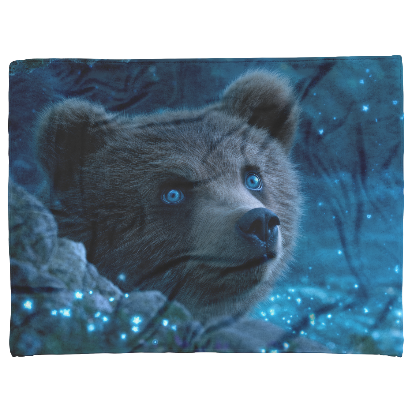Baby Bear With Blue Eyes Playing With Glowing Stars In Cozy Moonlit Ca