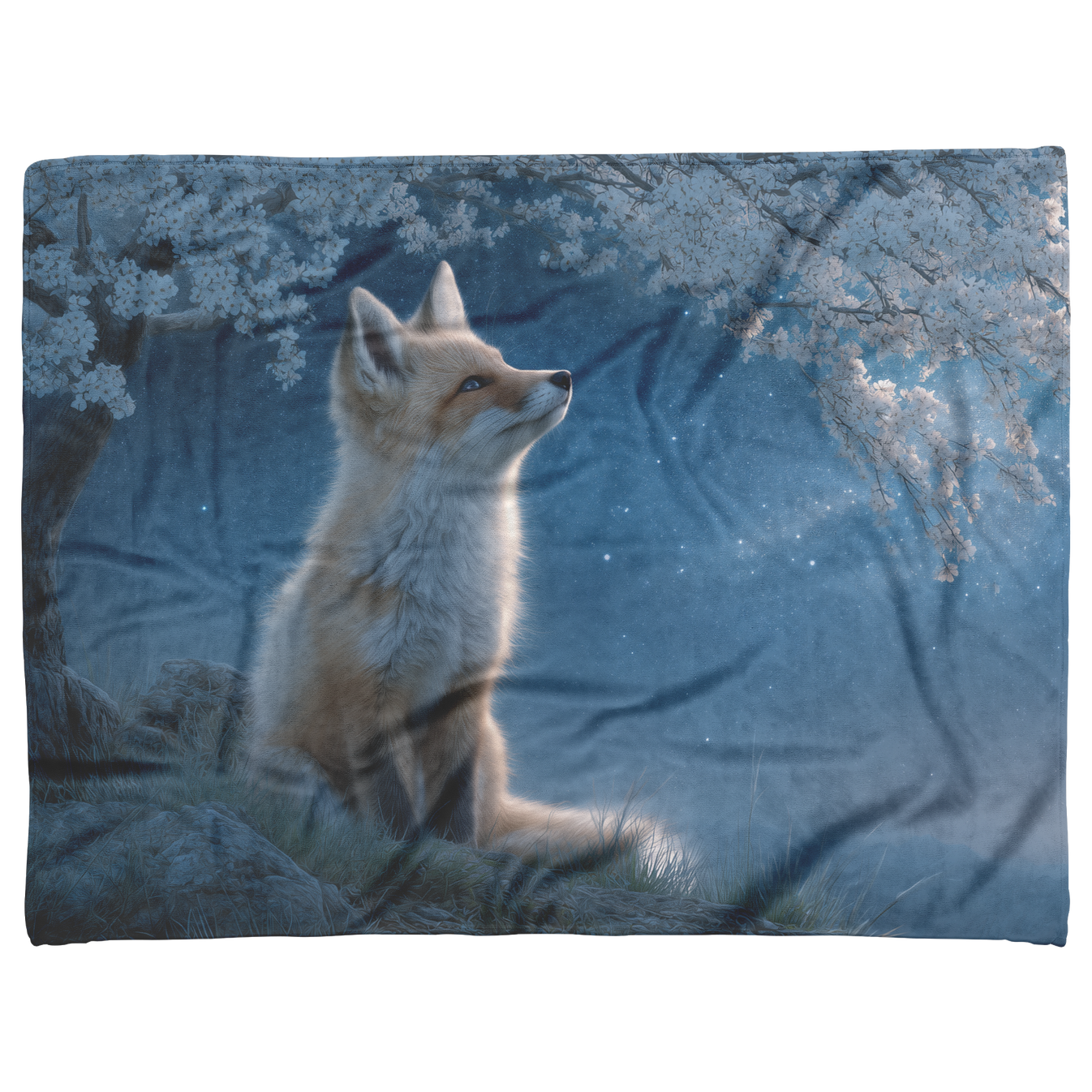 Baby Fox Howling Softly At Moon Under Glowing Starry Tree Sherpa Fleec