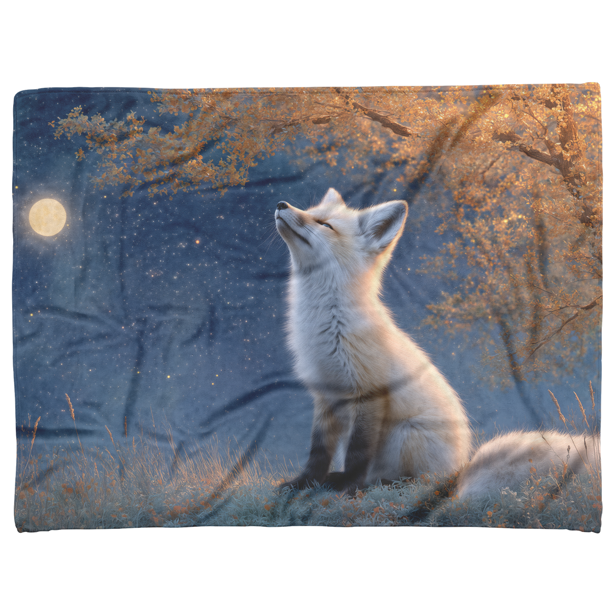 Baby Fox Howling Softly At Moon Under Glowing Starry Tree Sherpa Fleec