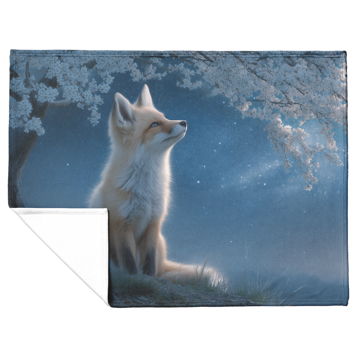 Baby Fox Howling Softly At Moon Under Glowing Starry Tree Sherpa Fleec