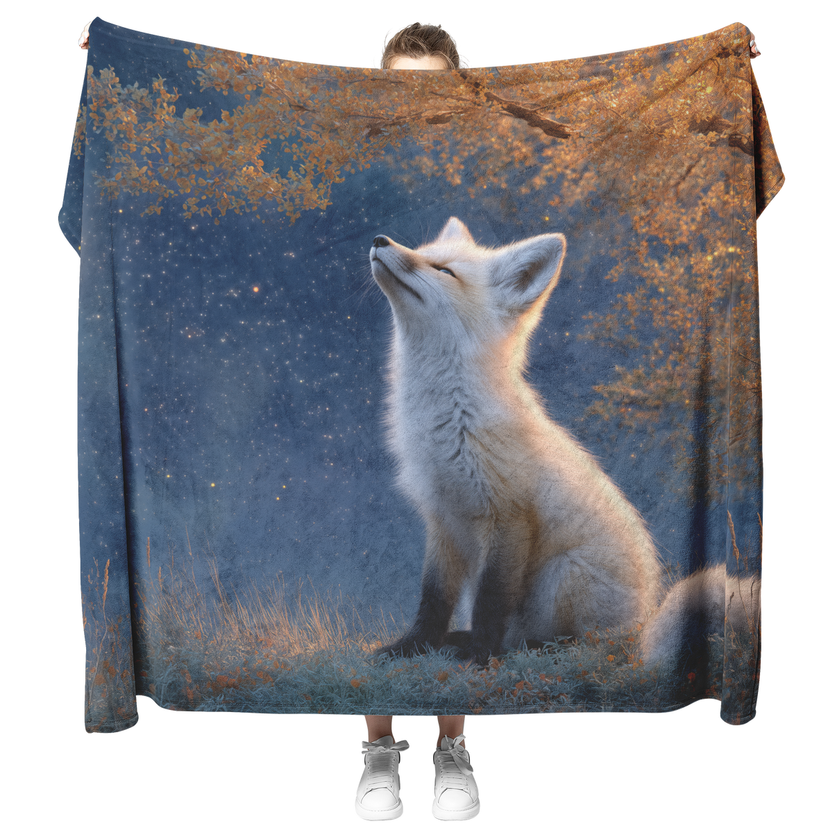 Baby Fox Howling Softly At Moon Under Glowing Starry Tree Sherpa Fleec