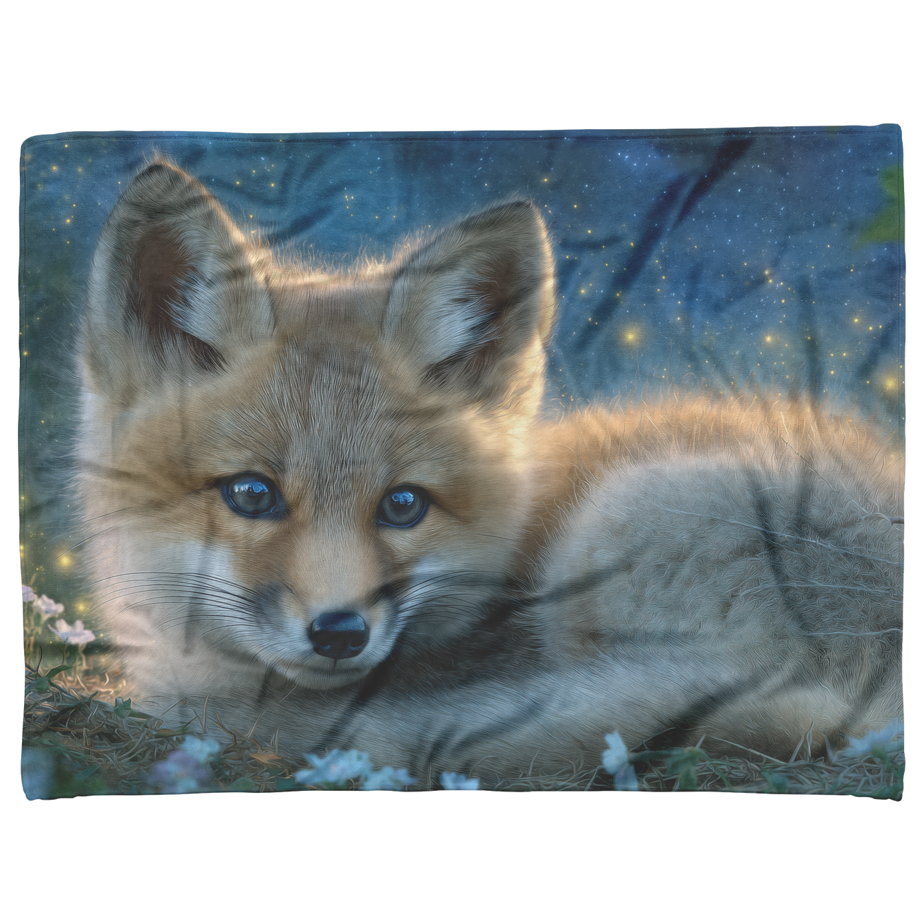 Baby Fox With Blue Eyes Curled In Glowing Fairy Ring Under Stars Surro