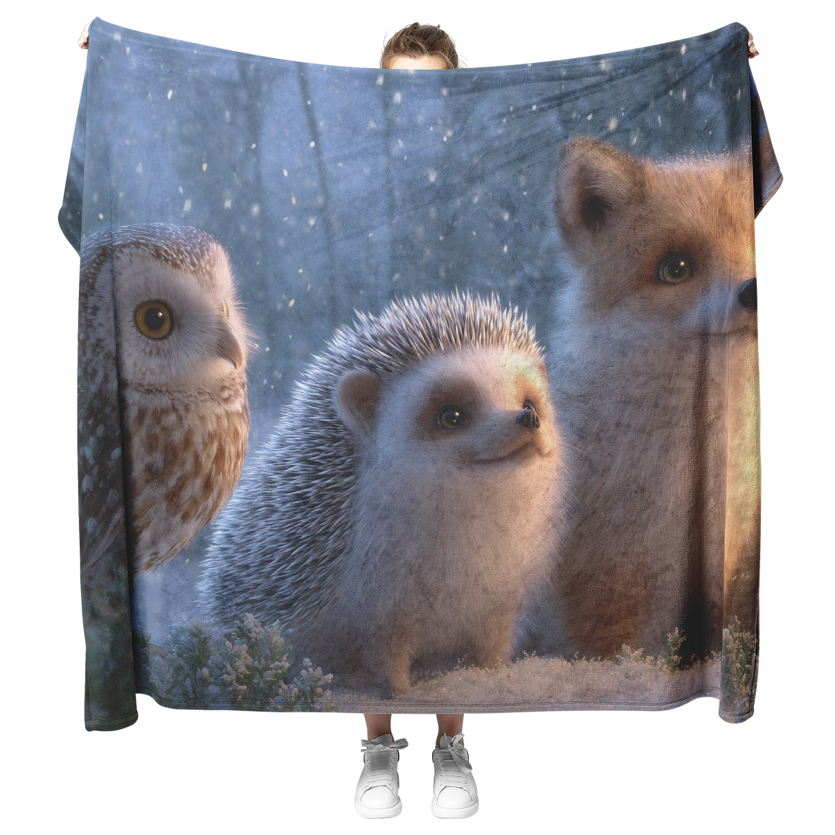 Baby Owl Fox And Hedgehog Watching Snow Fall By Glowing Window Sherpa