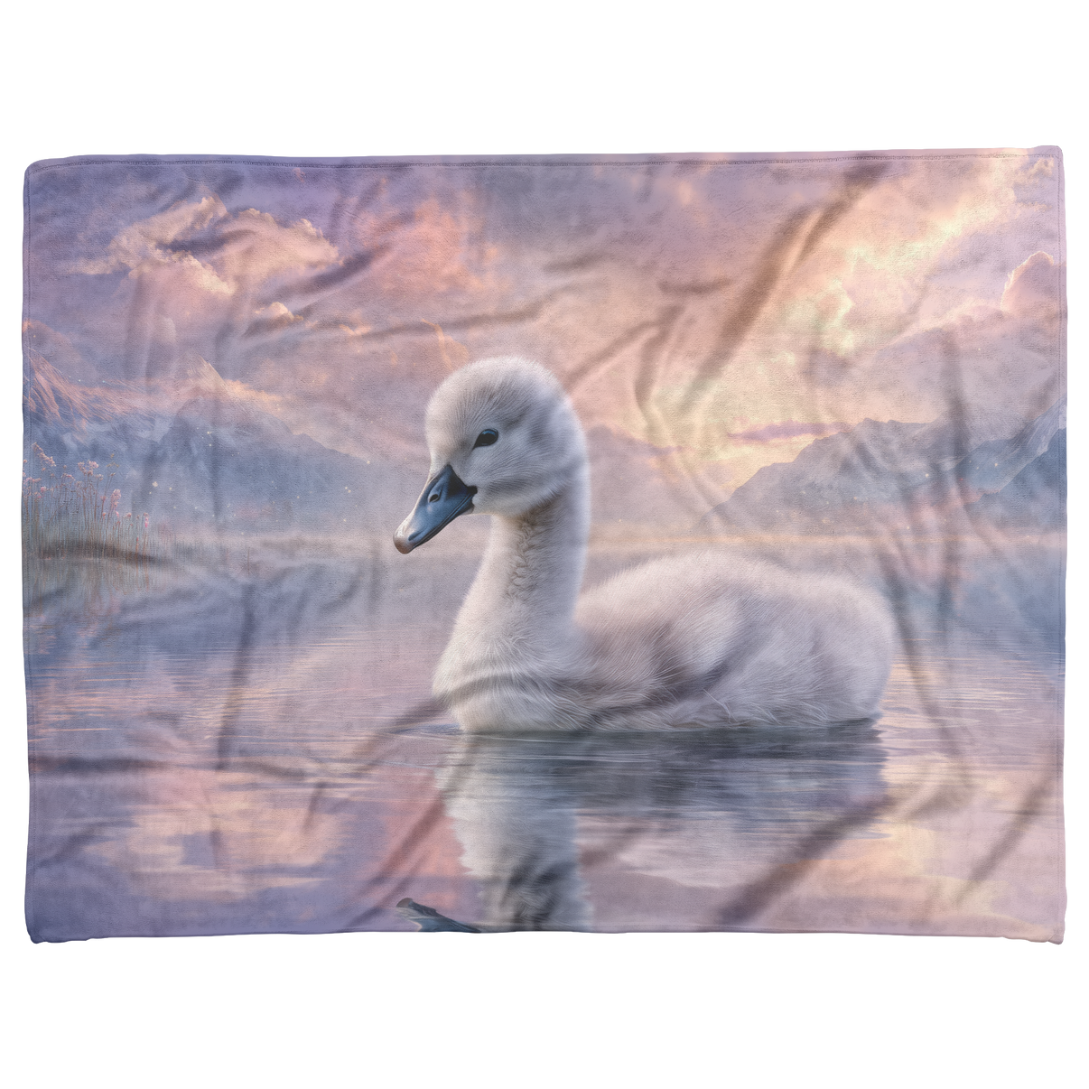 Baby Swan With Blue Eyes Floating On Crystal Lake Under Pastel Sky She
