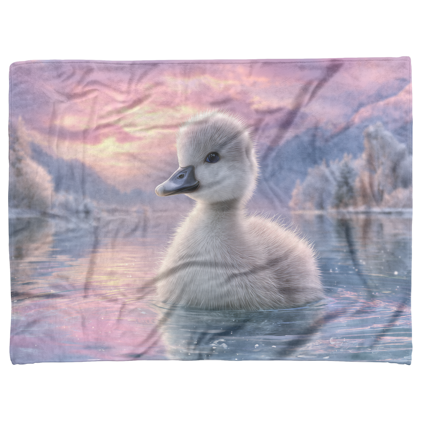 Baby Swan With Blue Eyes Floating On Crystal Lake Under Pastel Sky She