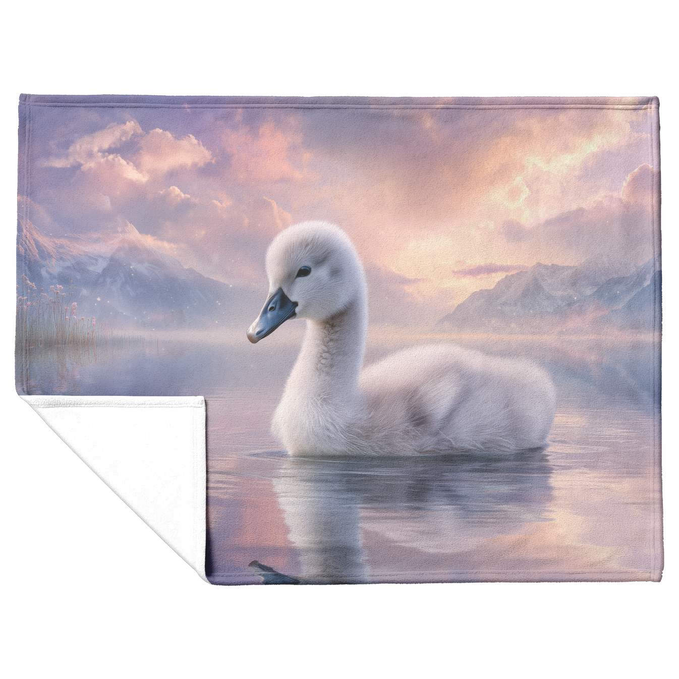Baby Swan With Blue Eyes Floating On Crystal Lake Under Pastel Sky She