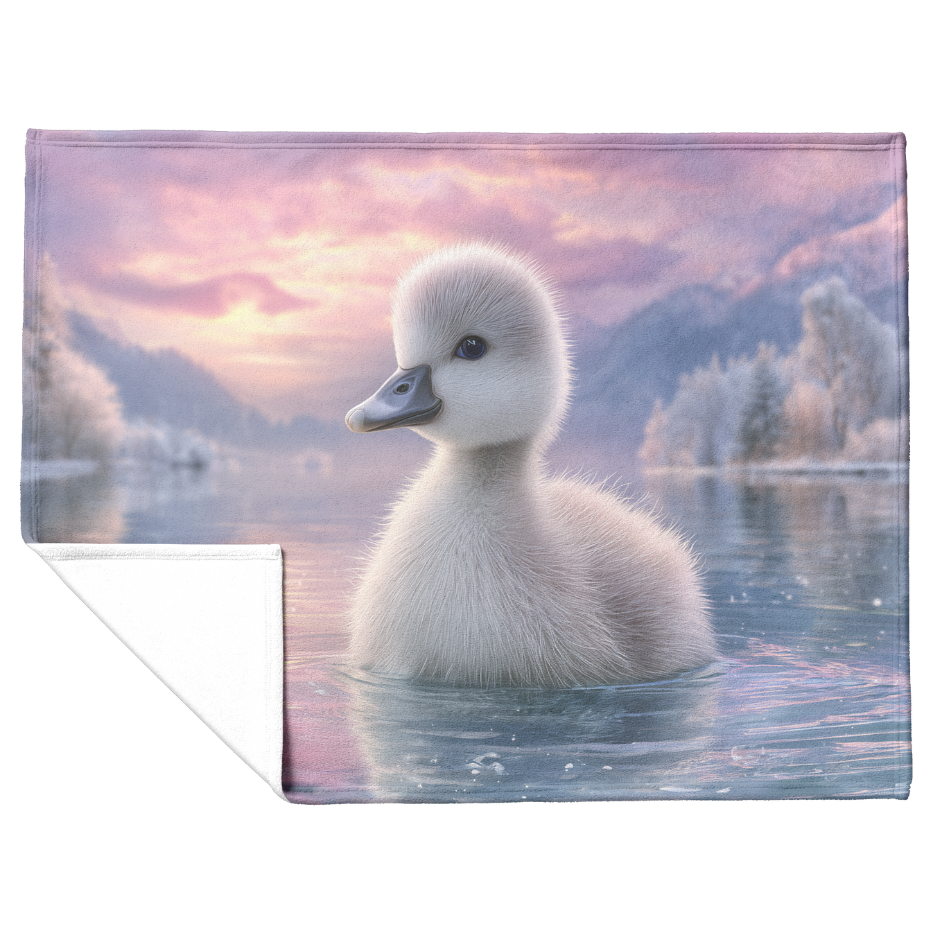 Baby Swan With Blue Eyes Floating On Crystal Lake Under Pastel Sky She