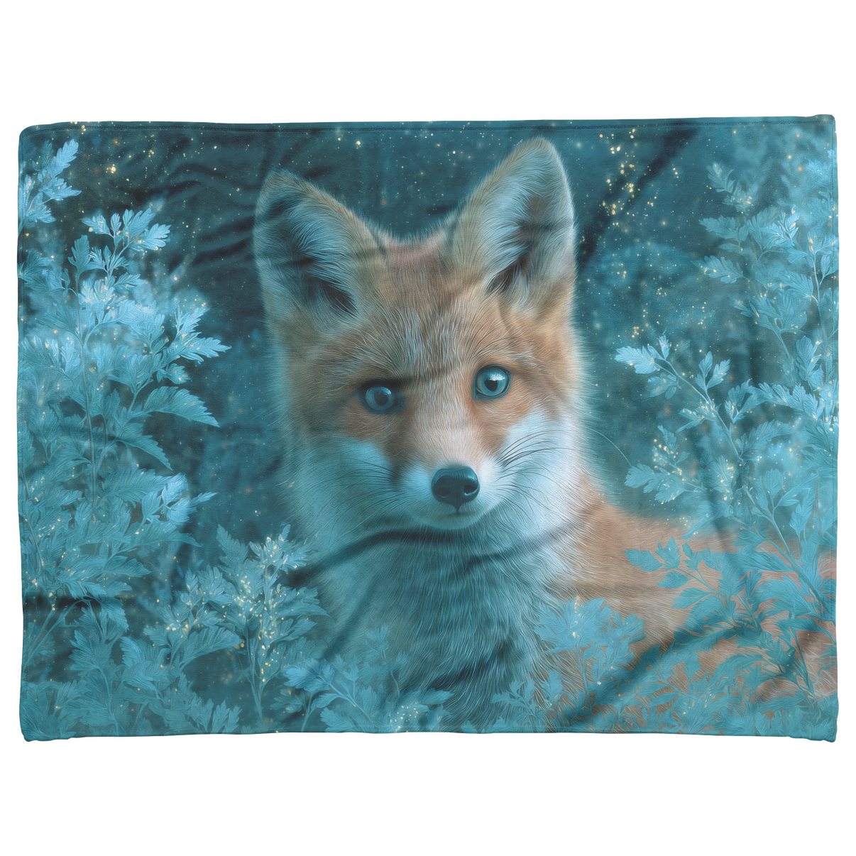 Blue Eyed Fox Peeking Out From Enchanted Glowing Bushes With Sparkles