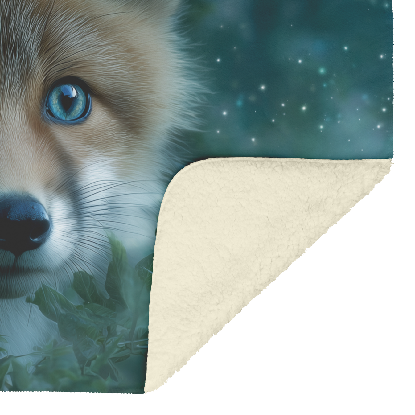 Blue Eyed Fox Peeking Out From Enchanted Glowing Bushes With Sparkles