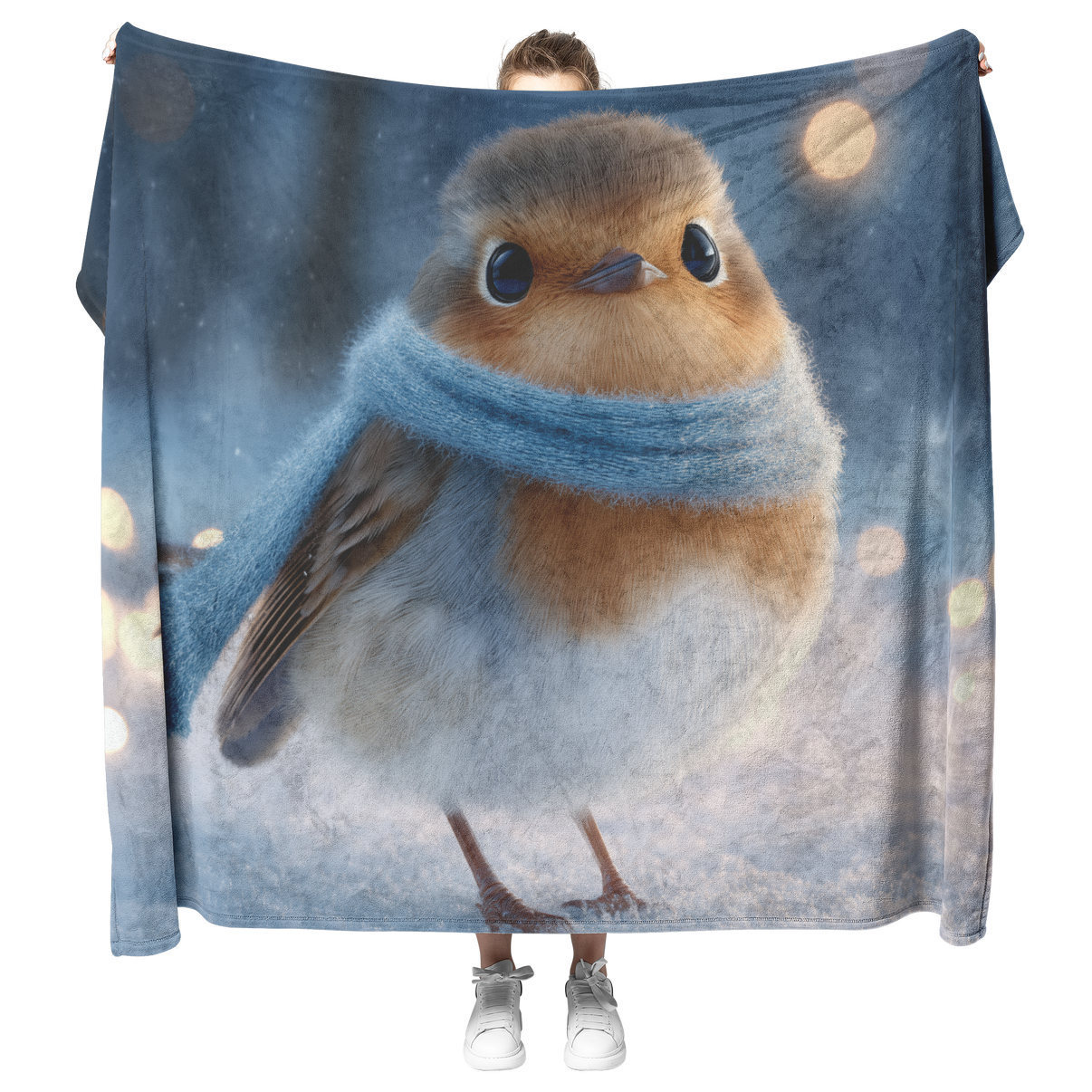 Chubby Robin With Blue Eyes Wearing Scarf Standing In Snow With Twinkl