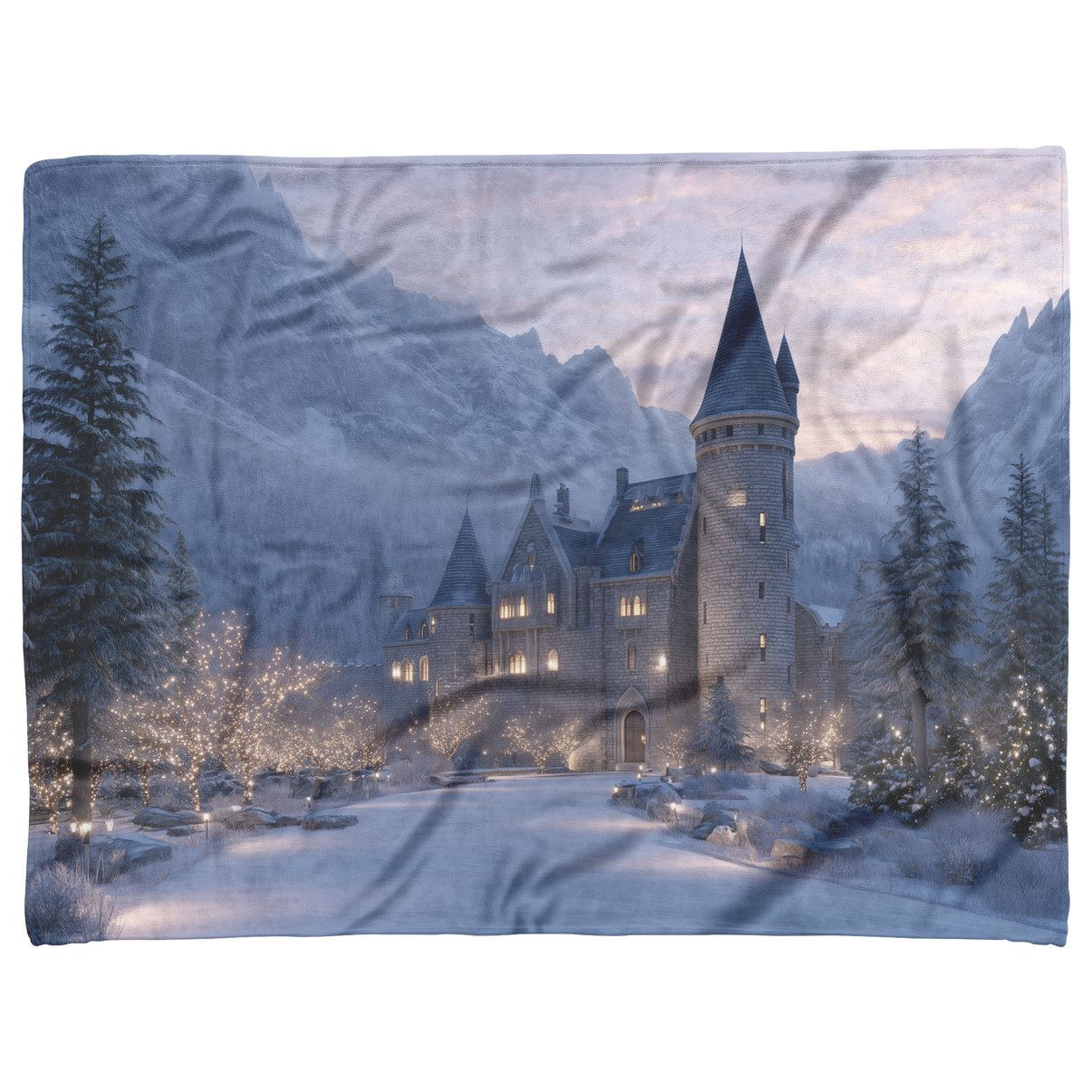 Classic Medieval Stone Castle In Snow With Christmas Lights Sherpa Fle