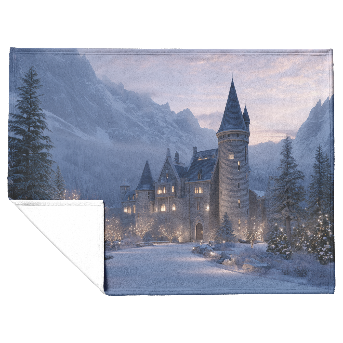 Classic Medieval Stone Castle In Snow With Christmas Lights Sherpa Fle