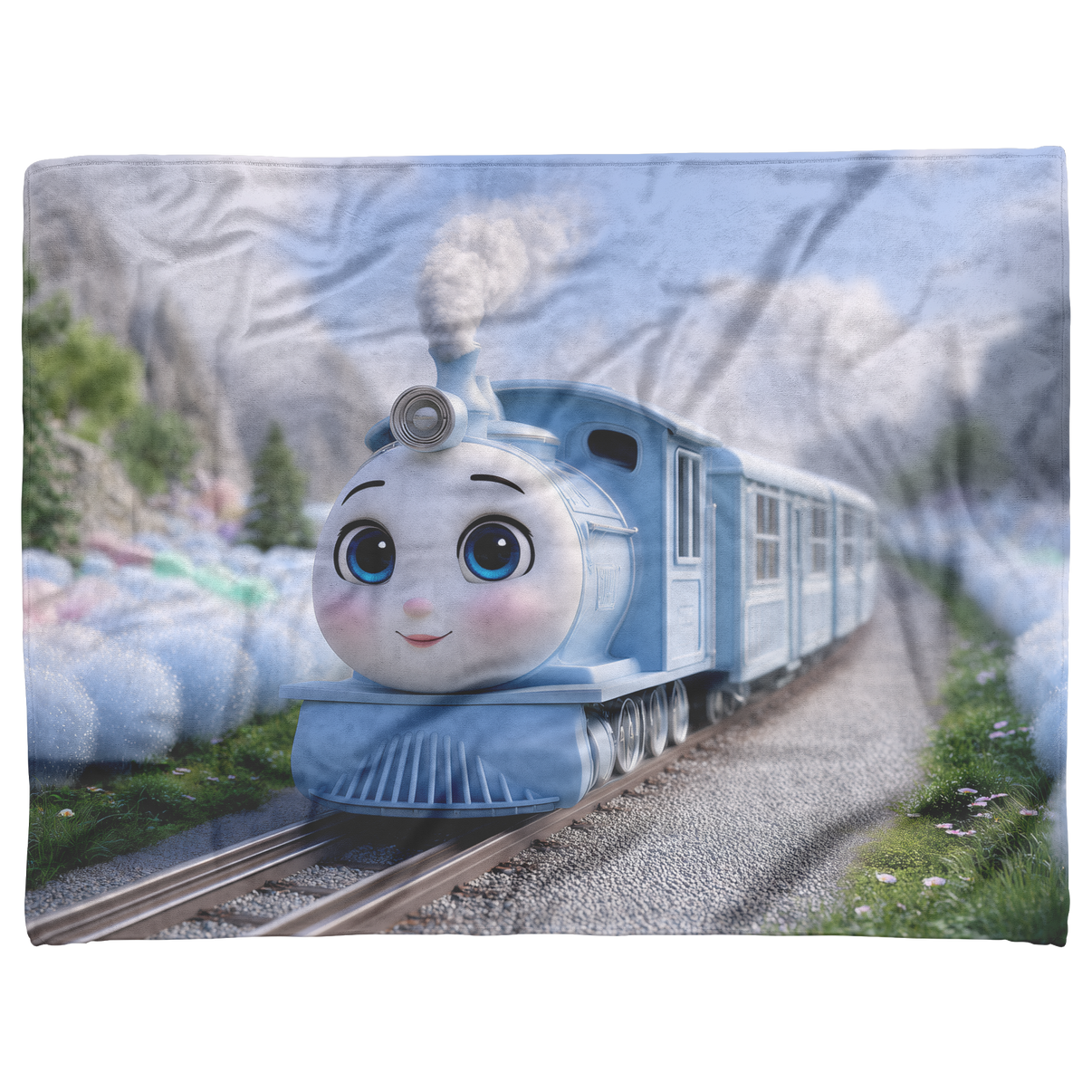 Colorful Toy Train With Blue Eyes Puffing Along Candy Track Sherpa Fle