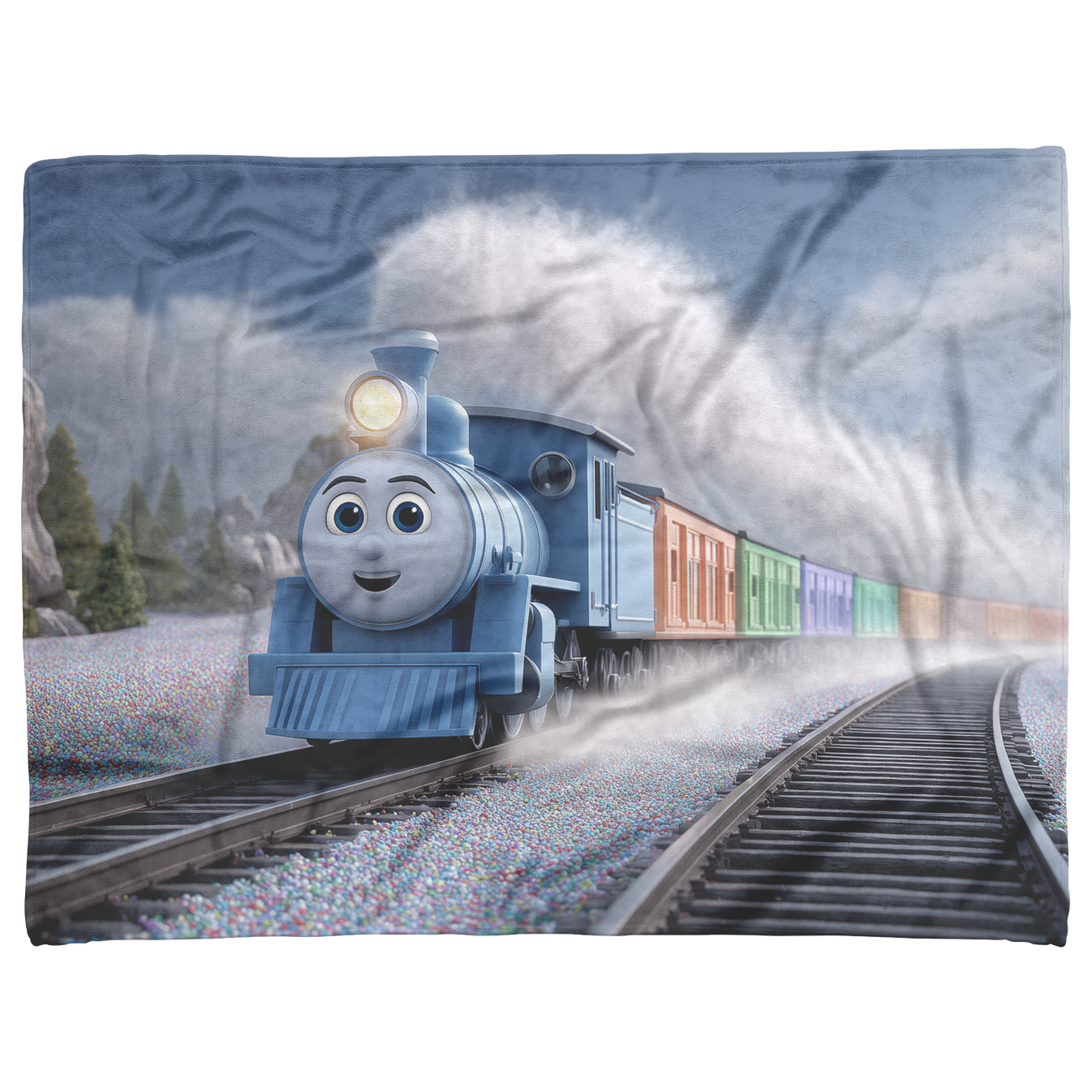 Colorful Toy Train With Blue Eyes Puffing Along Candy Track Sherpa Fle
