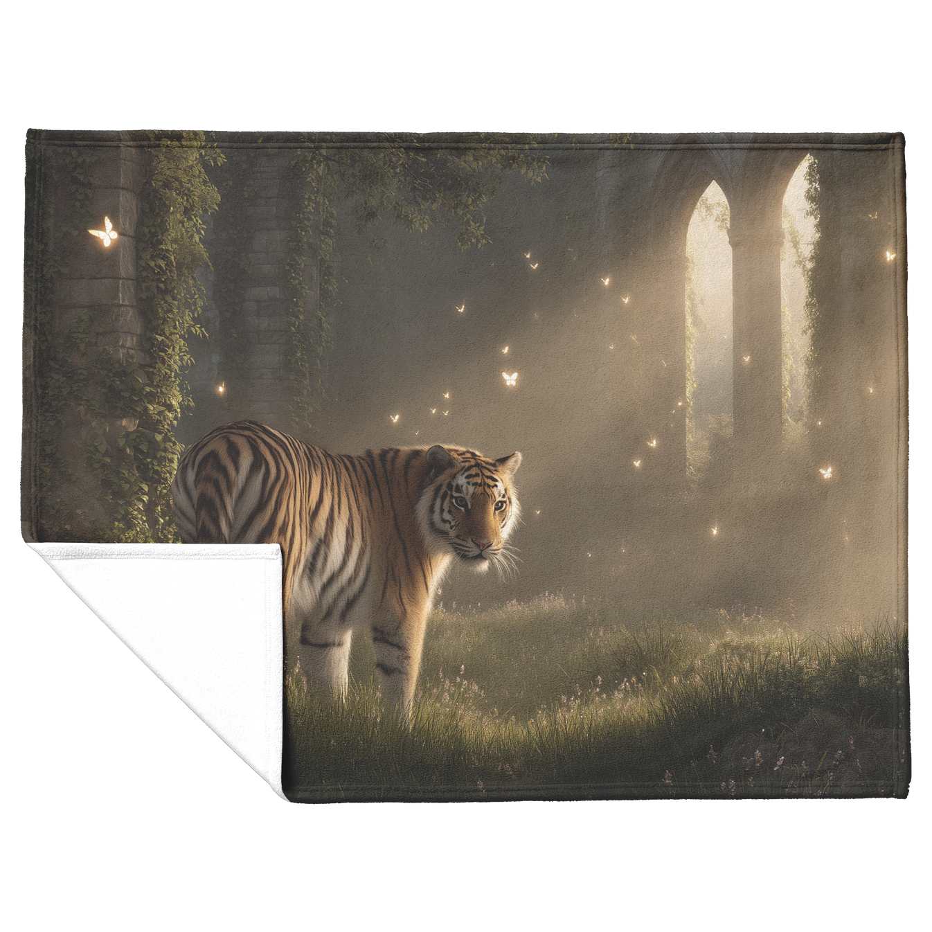 Elegant Tiger Walking Through Ancient Glowing Ruin With Vines And Ligh