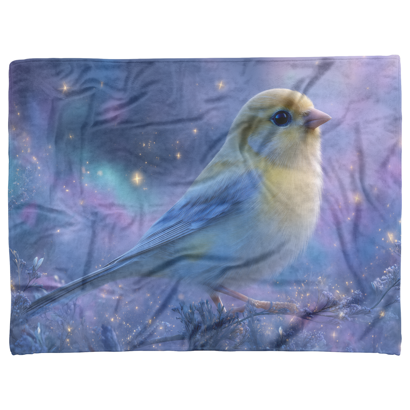 Enchanted Canary With Blue Eyes Flying Through Rainbow Mist And Tiny S