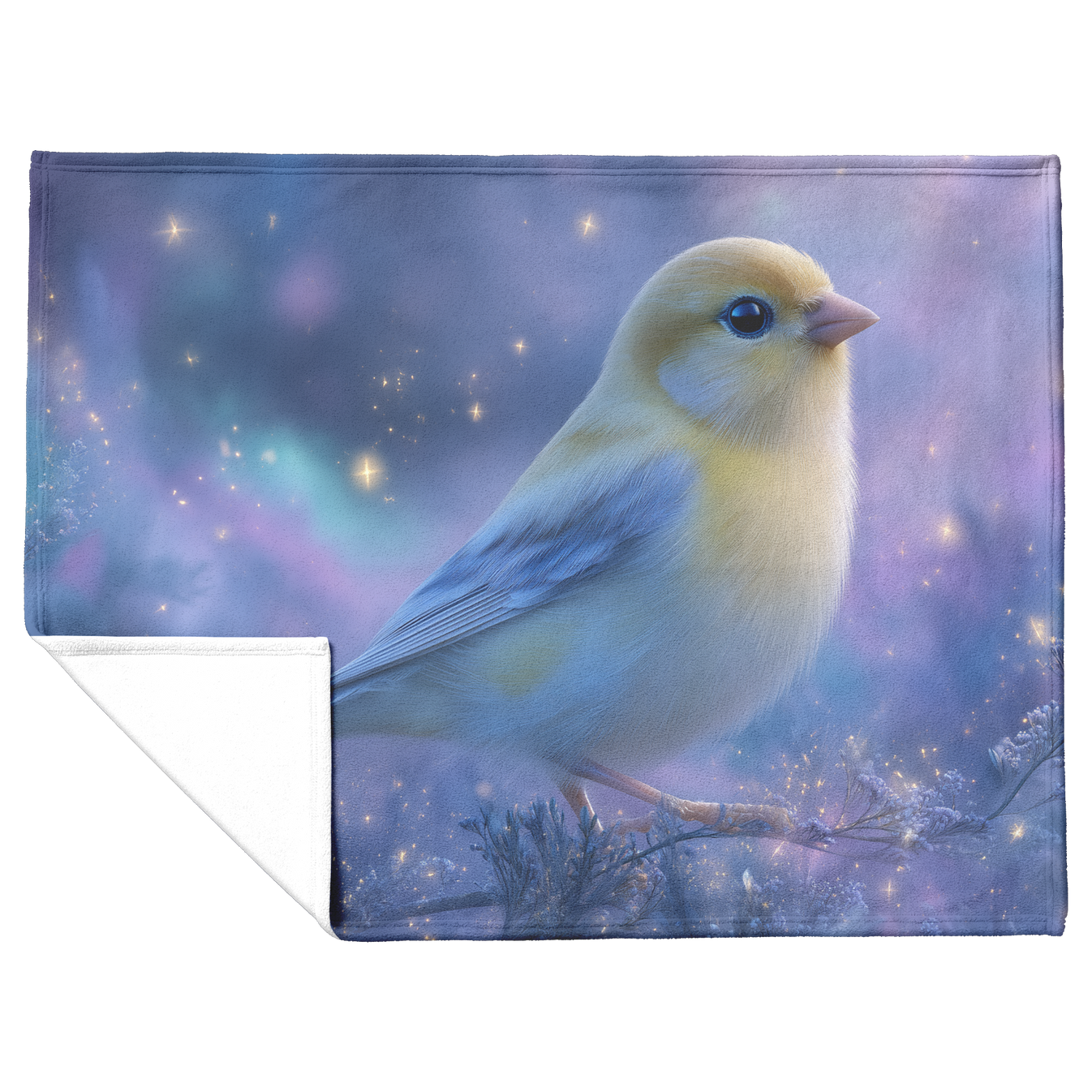 Enchanted Canary With Blue Eyes Flying Through Rainbow Mist And Tiny S