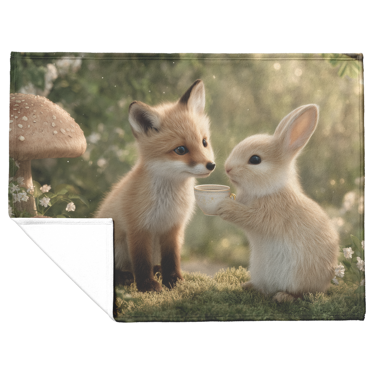 Enchanted Fox And Rabbit Sharing Tea Under Mushroom Canopy With Blue E