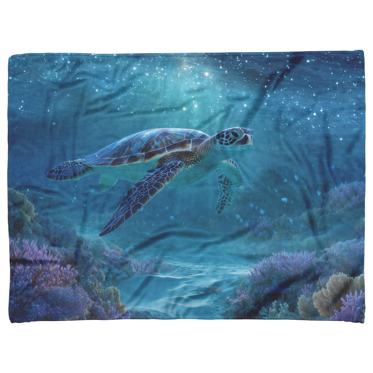 Enchanted Sea Turtle With Blue Eyes Swimming Through Coral Reef Filled
