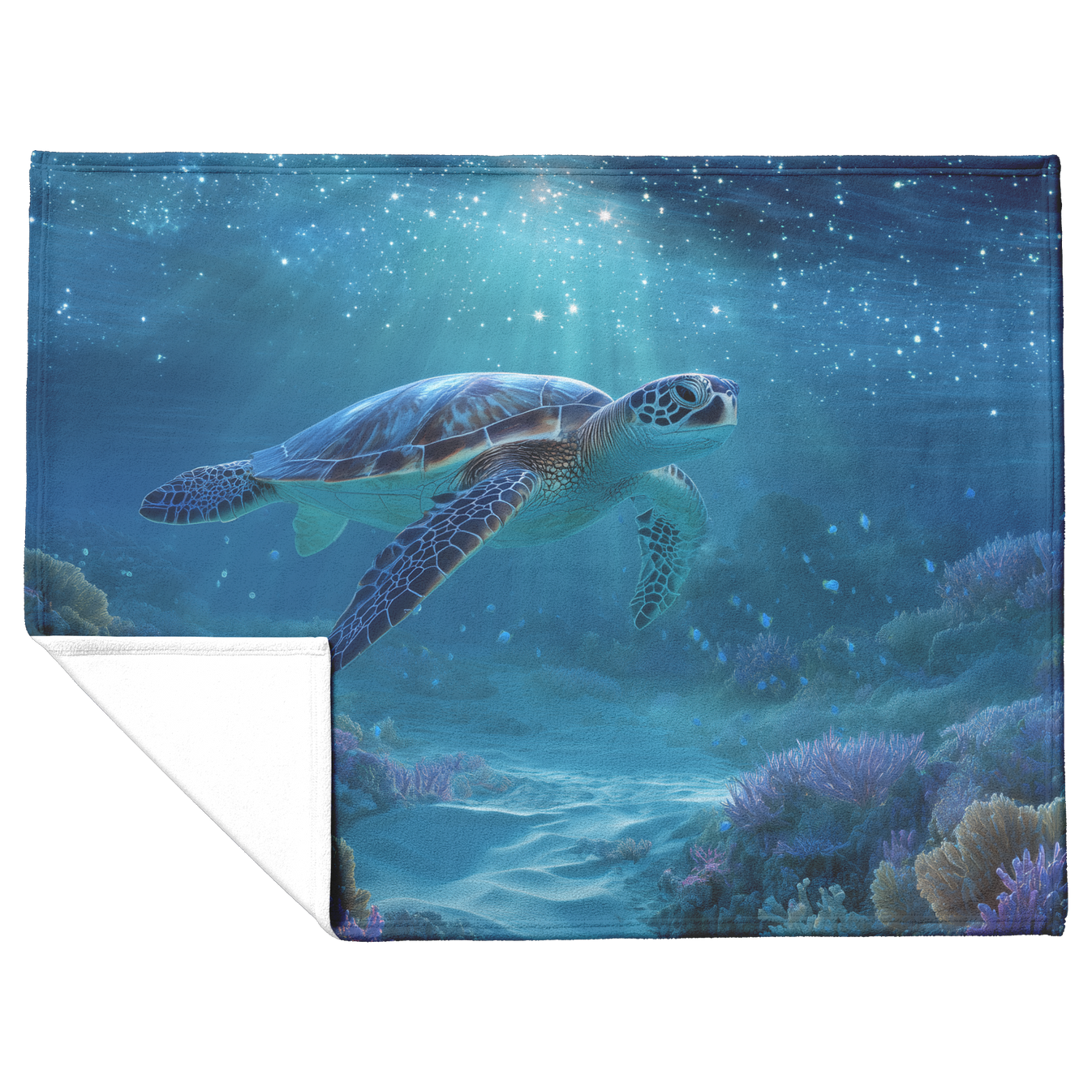 Enchanted Sea Turtle With Blue Eyes Swimming Through Coral Reef Filled