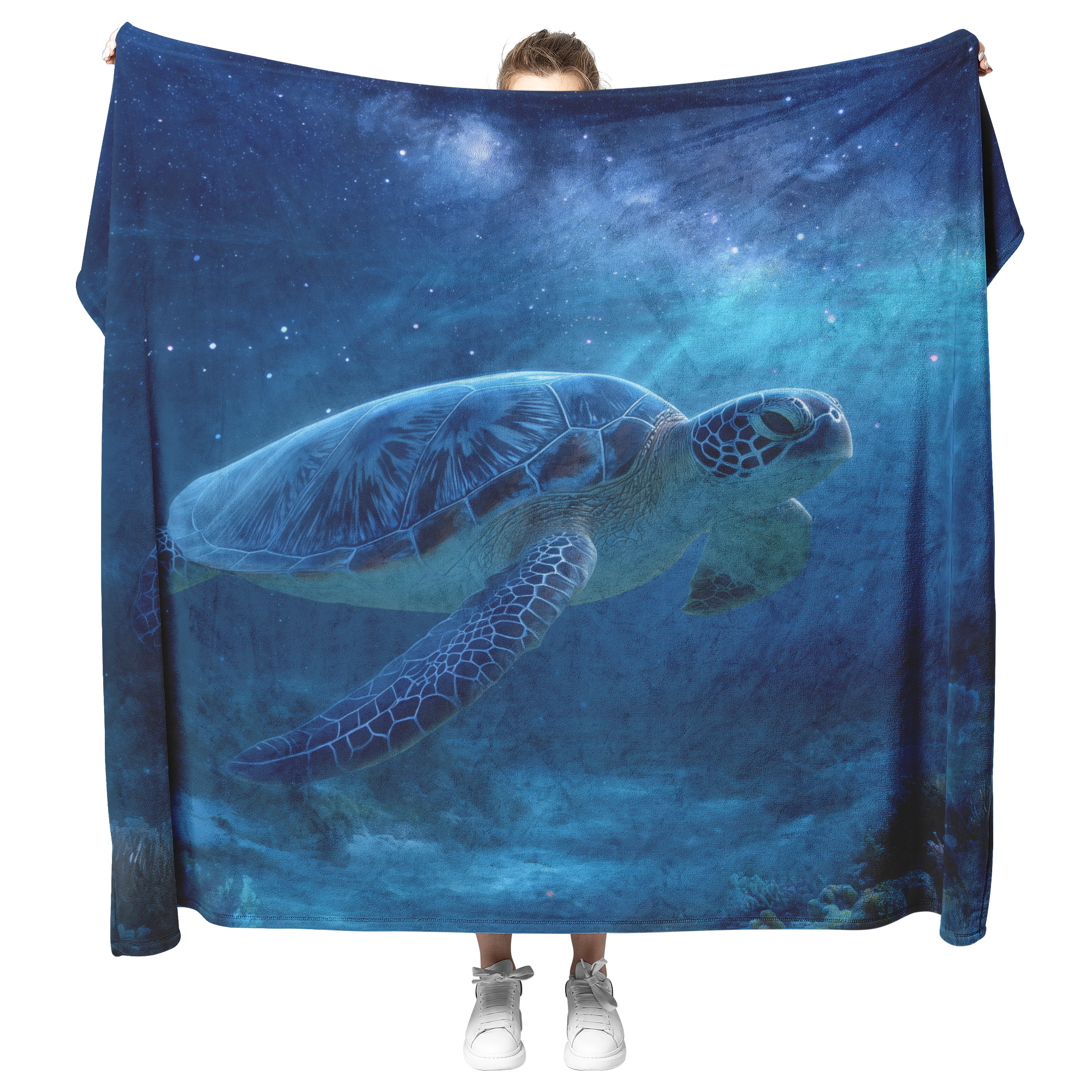 Enchanted_Sea_Turtle_With_Blue_Eyes_Swim_H_Blanket_Model_Mockup ...