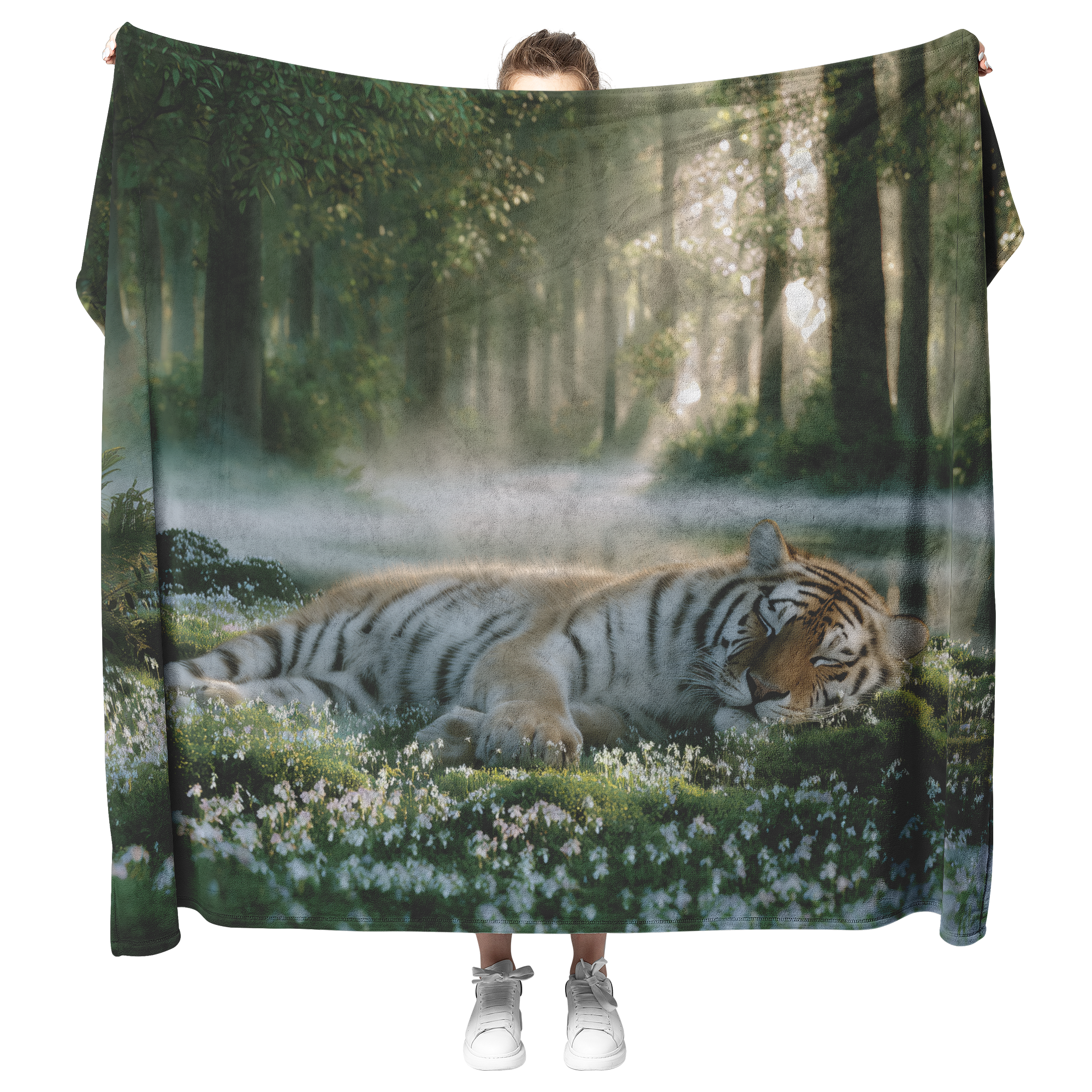 Enchanted_Tiger_Curled_On_Bed_Of_Glowing_H_Blanket_Model_Mockup ...