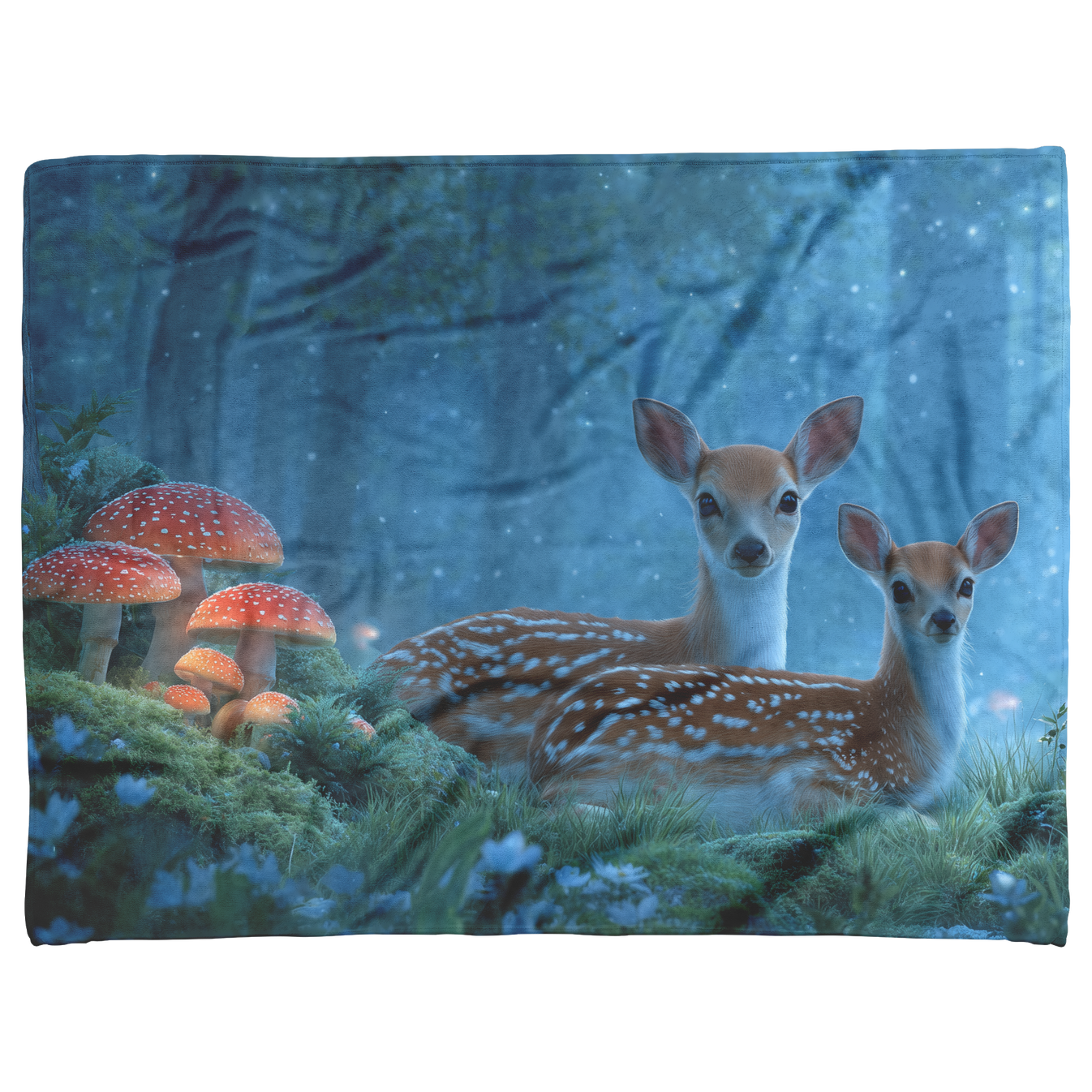 Family Of Deer With Blue Eyes Resting Beside Glowing Red Mushrooms She