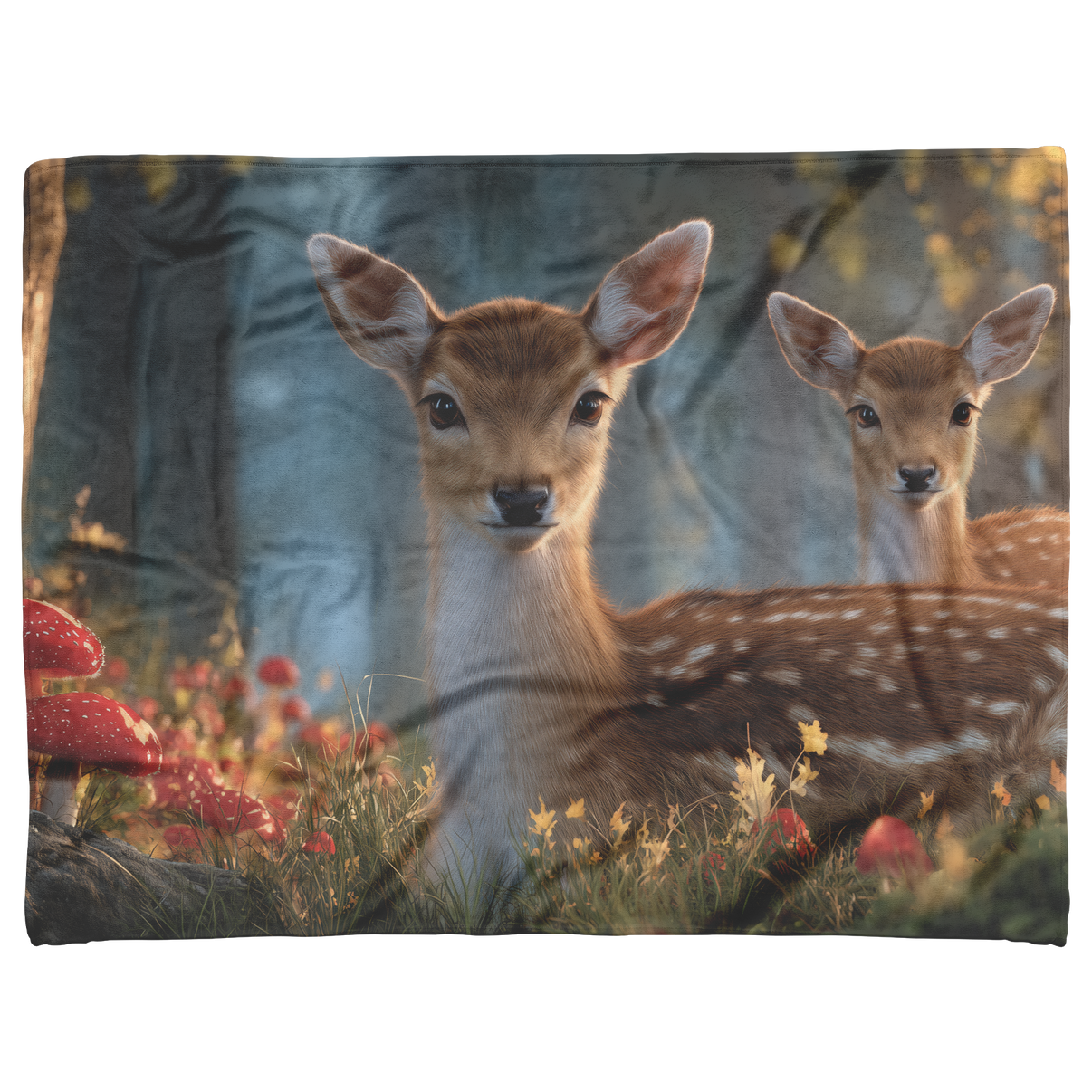 Family Of Deer With Blue Eyes Resting Beside Glowing Red Mushrooms She