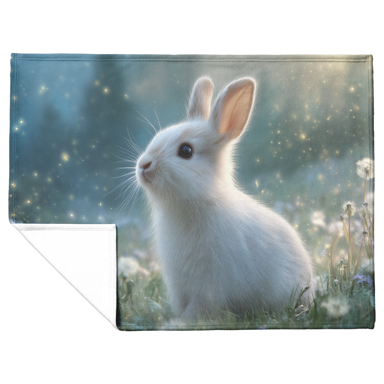 Fluffy Rabbit In Fairy Tale Meadow Filled With Dandelions And Twinklin
