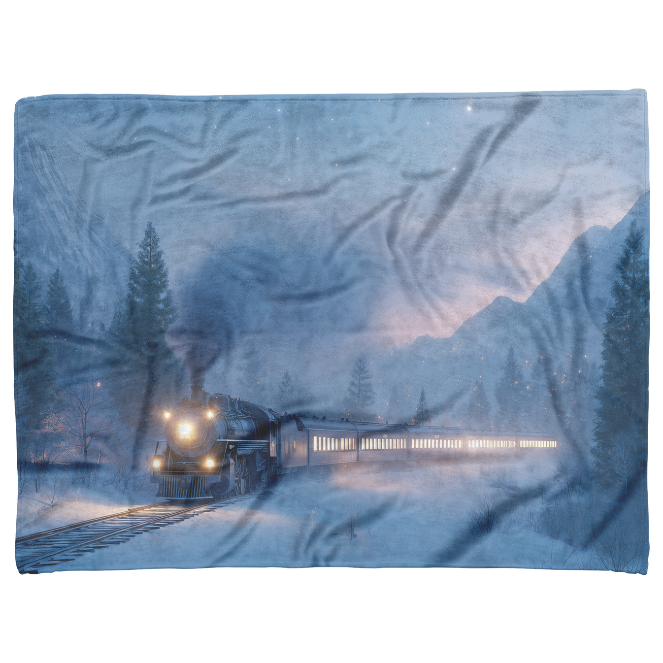 Magical Old Steam Train Glowing In Snow With Star Shaped Smoke Sherpa