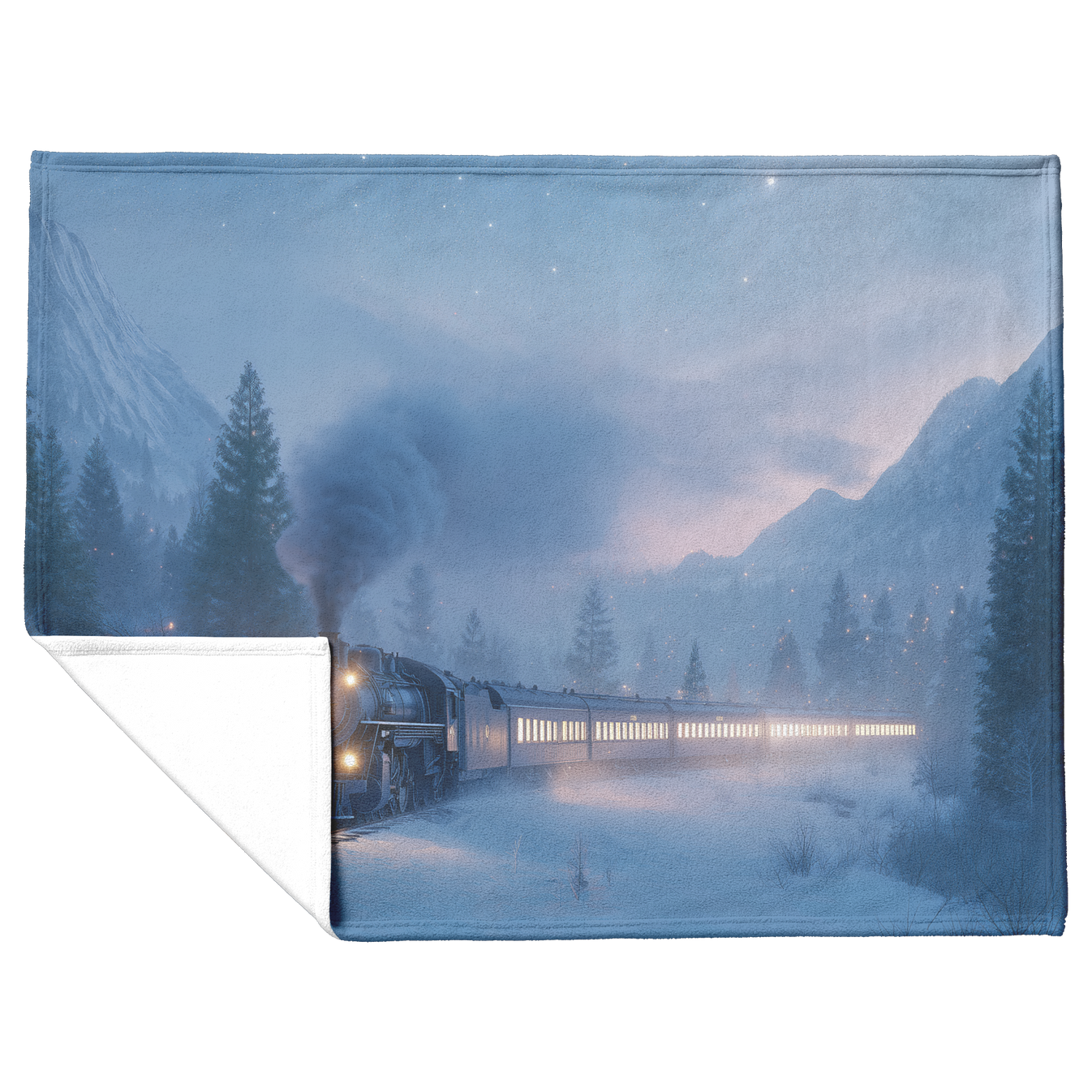 Magical Old Steam Train Glowing In Snow With Star Shaped Smoke Sherpa