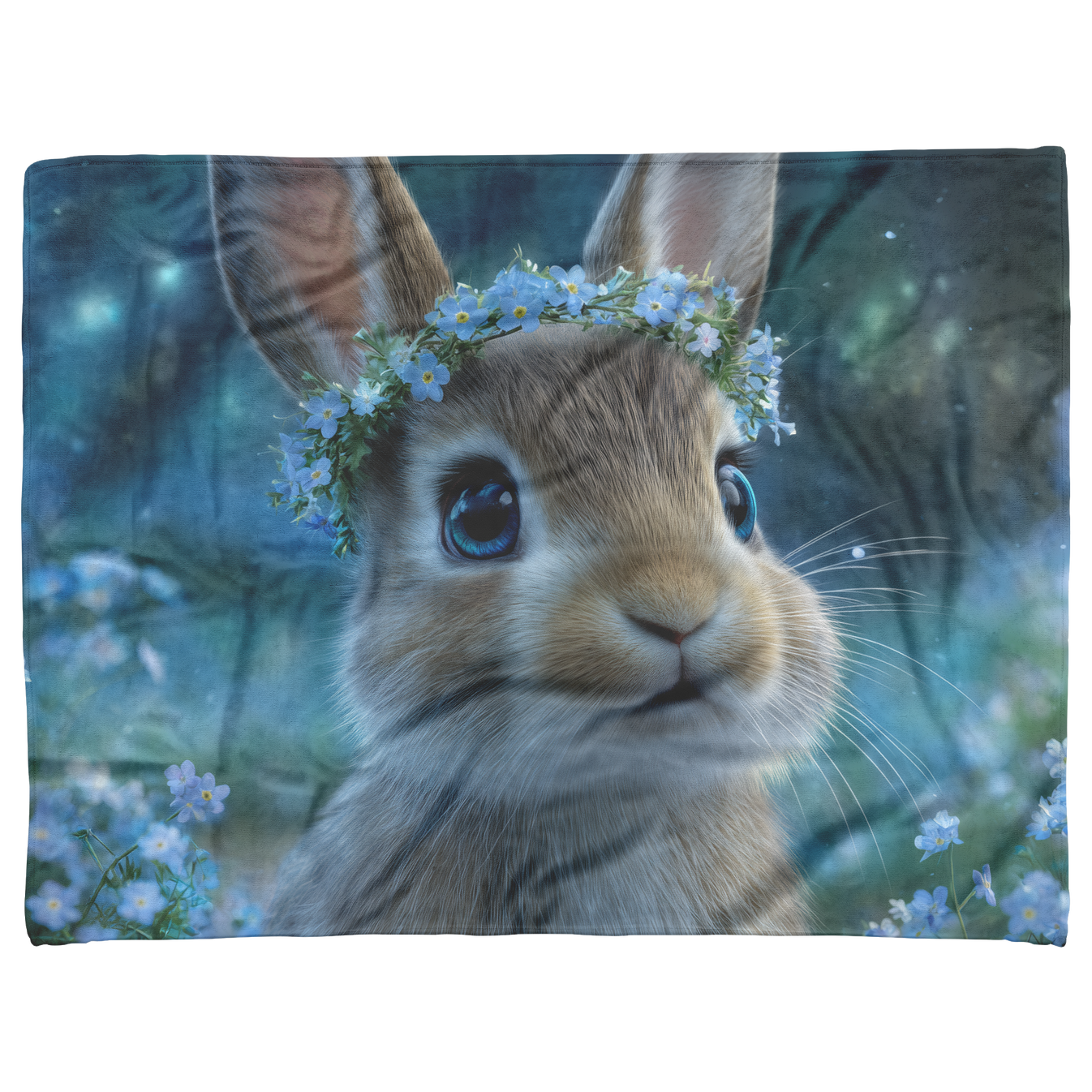 Rabbit With Blue Eyes Wearing Tiny Flower Crown In Glowing Fairy Glade