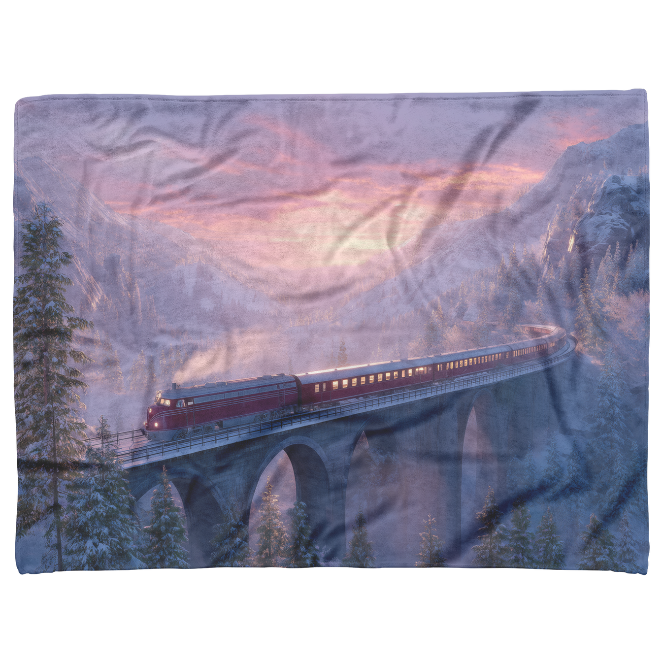 Red Vintage Train Crossing Tall Snowy Bridge During Sunset Sherpa Flee