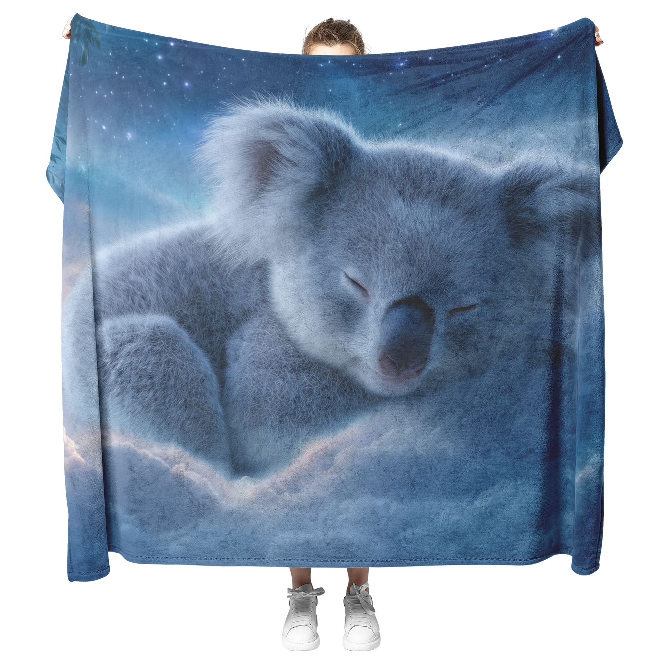 Sleepy Koala With Blue Eyes Resting On Glowing Heart Shaped Dream Clou