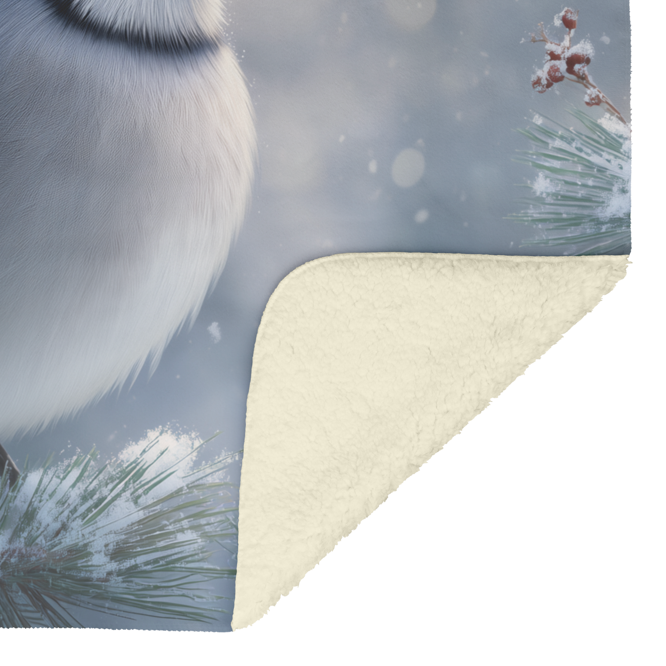 Soft Blue Jay With Blue Eyes Hopping Through Snow Covered Pinecones An
