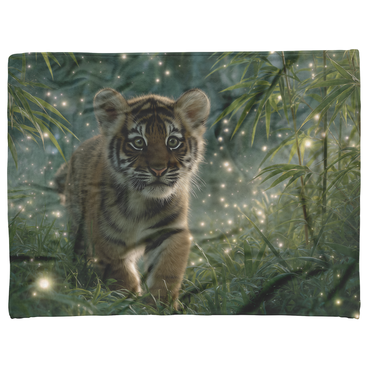 Tiger Cub Chasing Sparkling Fireflies Through Tropical Bamboo Garden A
