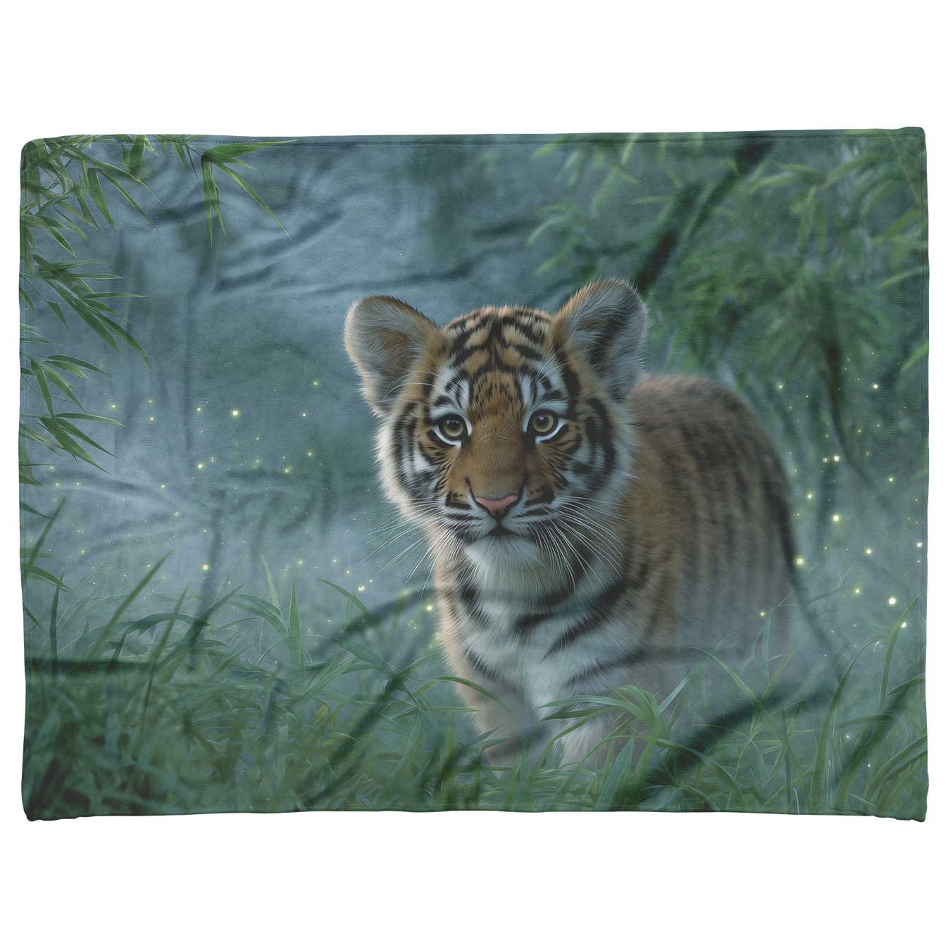 Tiger Cub Chasing Sparkling Fireflies Through Tropical Bamboo Garden A