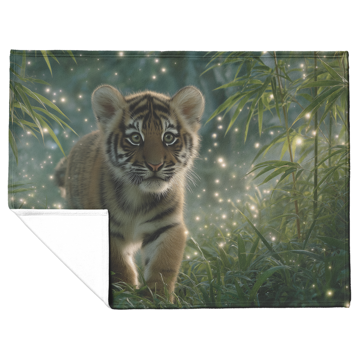 Tiger Cub Chasing Sparkling Fireflies Through Tropical Bamboo Garden A