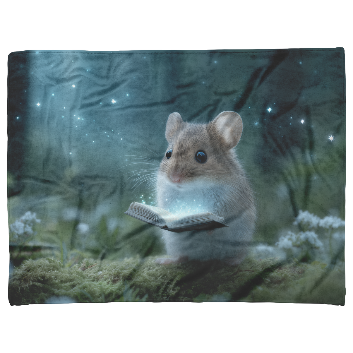 Tiny Mouse With Blue Eyes Reading Glowing Fairy Tale Book In Forest Of