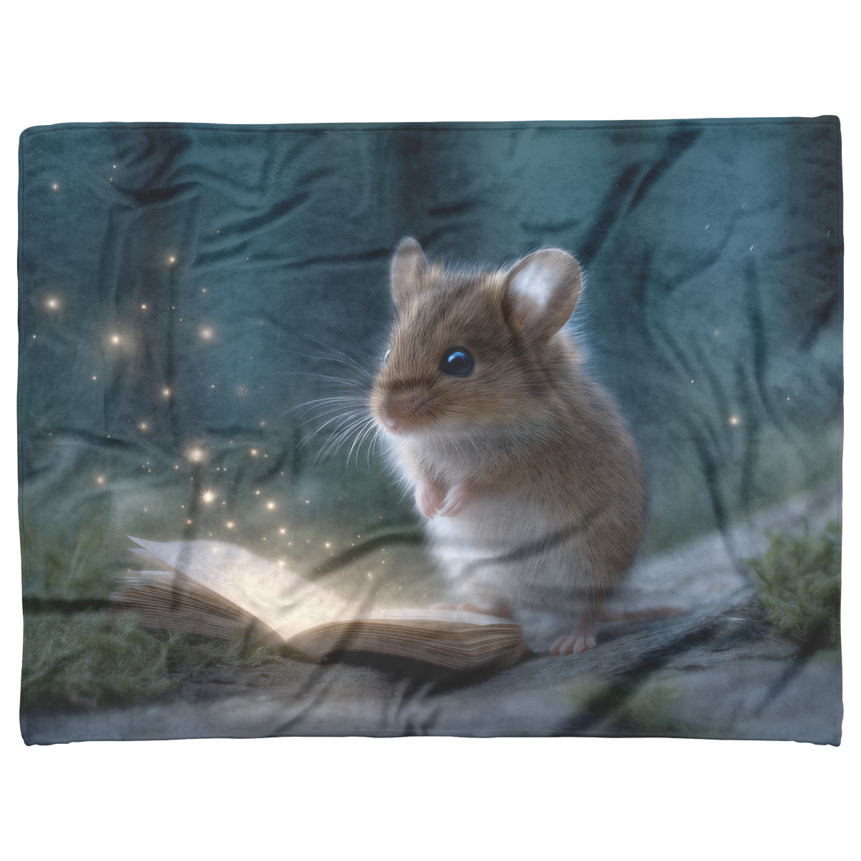 Tiny Mouse With Blue Eyes Reading Glowing Fairy Tale Book In Forest Of