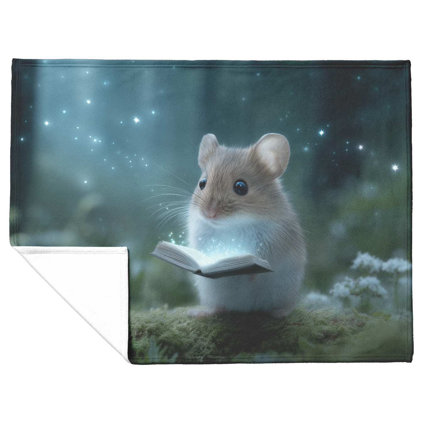 Tiny Mouse With Blue Eyes Reading Glowing Fairy Tale Book In Forest Of