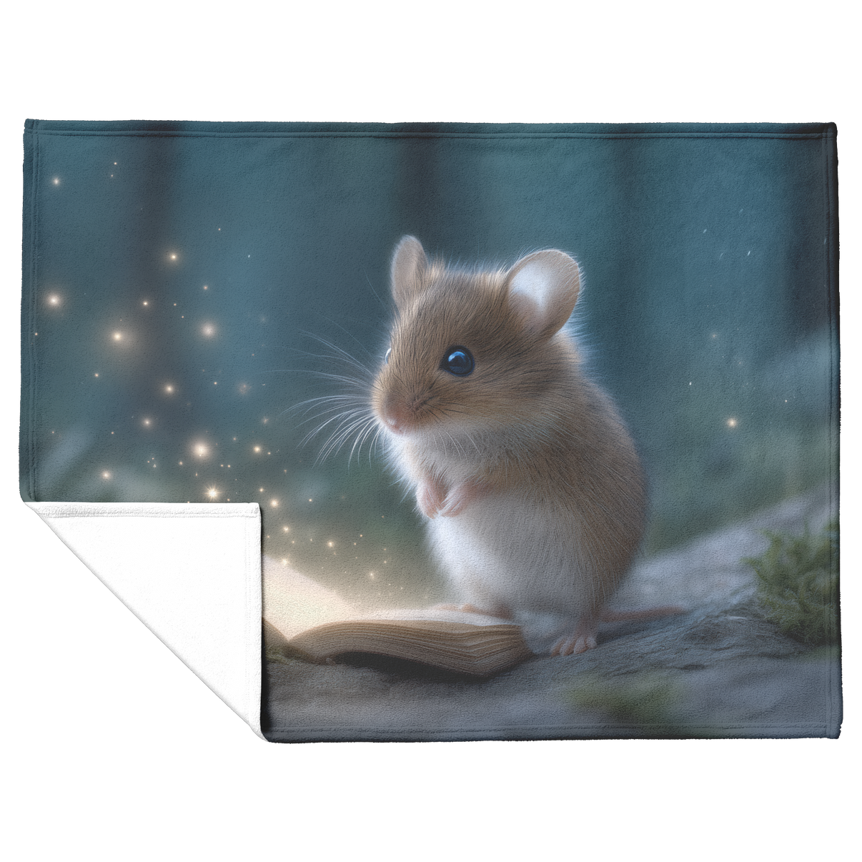 Tiny Mouse With Blue Eyes Reading Glowing Fairy Tale Book In Forest Of