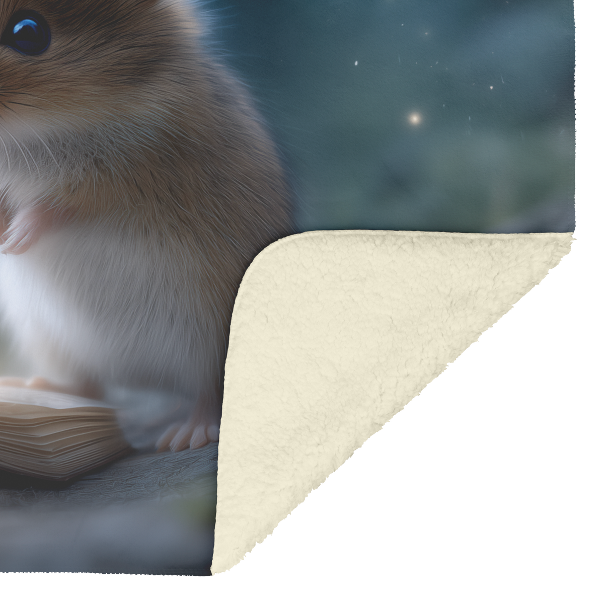 Tiny Mouse With Blue Eyes Reading Glowing Fairy Tale Book In Forest Of