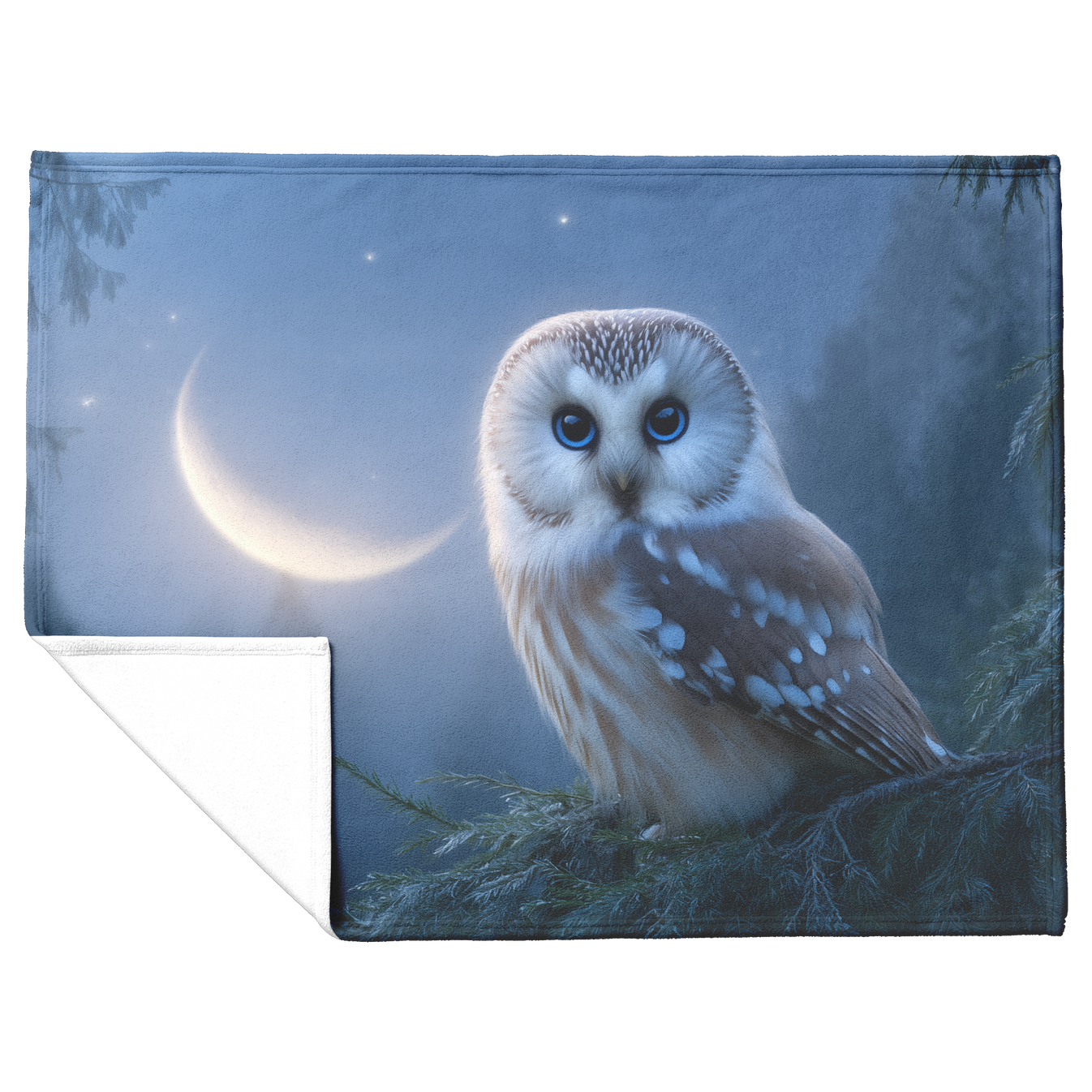 Wise Owl With Blue Eyes Sitting On Glowing Moon Crescent Above Sleepy