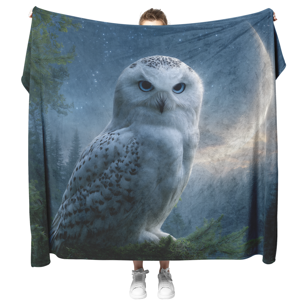 Wise Owl With Blue Eyes Sitting On Glowing Moon Crescent Above Sleepy