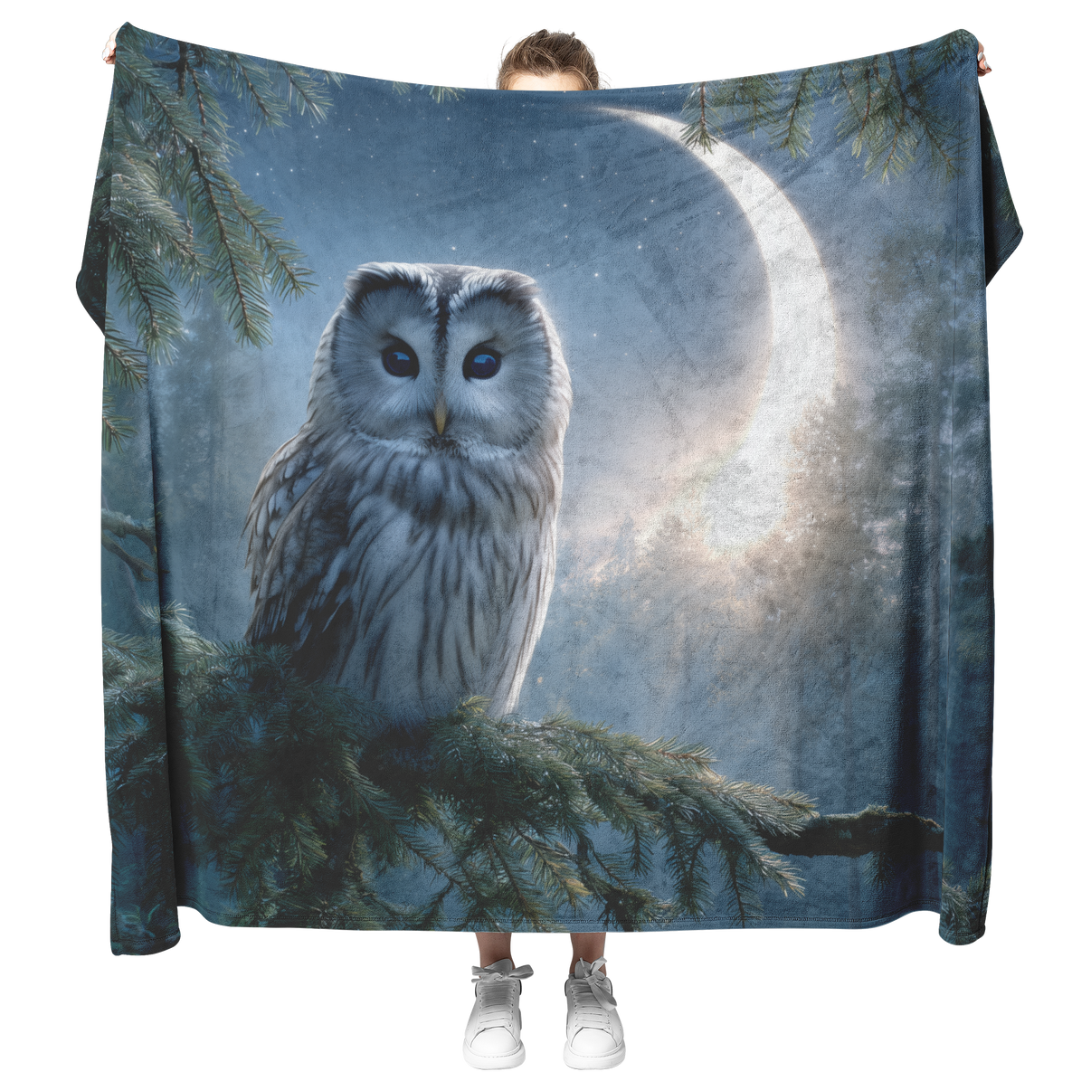 Wise Owl With Blue Eyes Sitting On Glowing Moon Crescent Above Sleepy